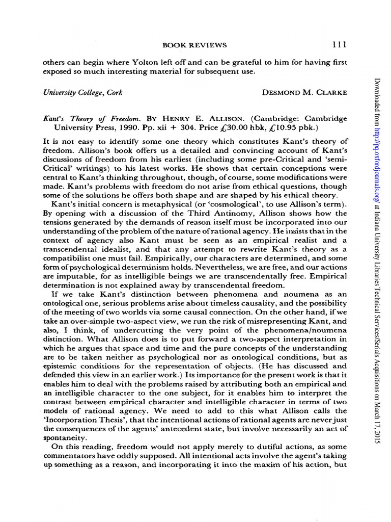 Kant's Theory of Freedom. (The Philosophical Quarterly, Vol. 42, Issue ...