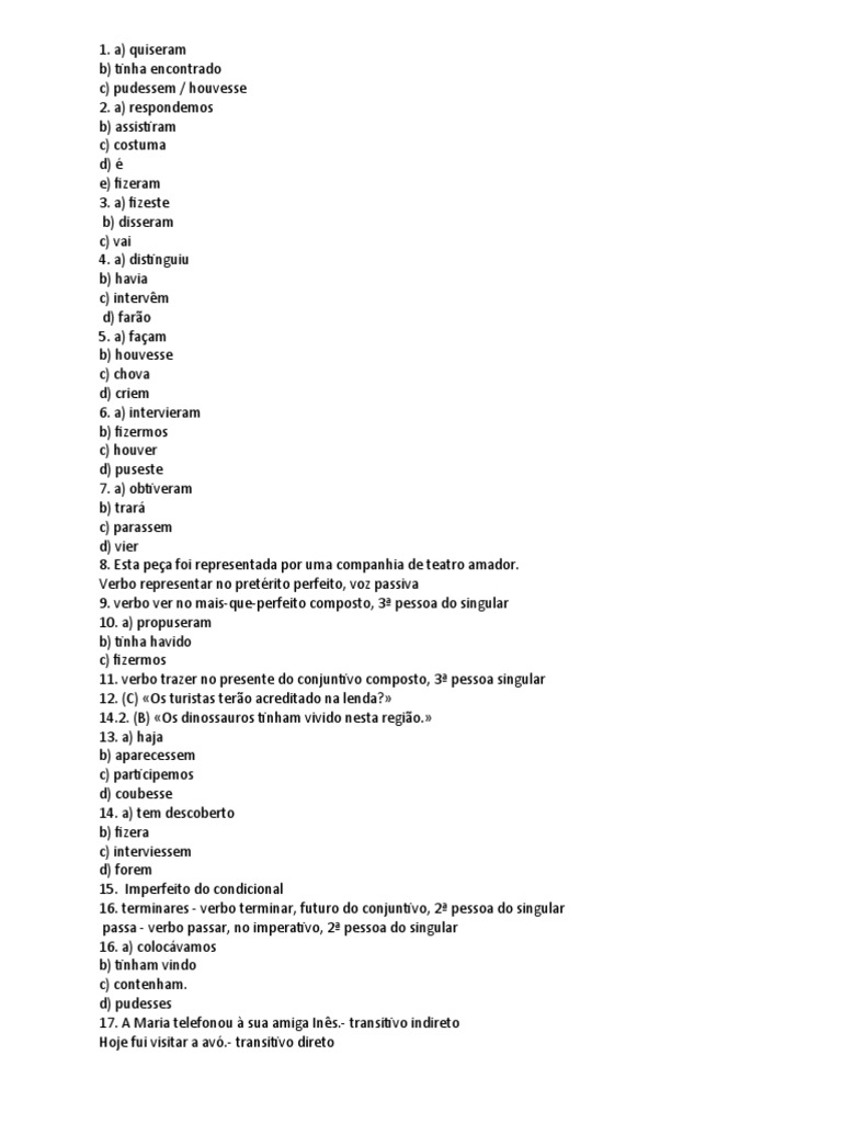 Correção Da Ficha De Trabalhos Sobre Os Verbos No Exame Pdf
