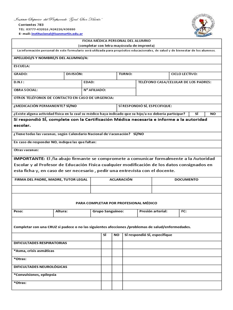Ficha médica personal del alumno: información de salud y contacto de ...