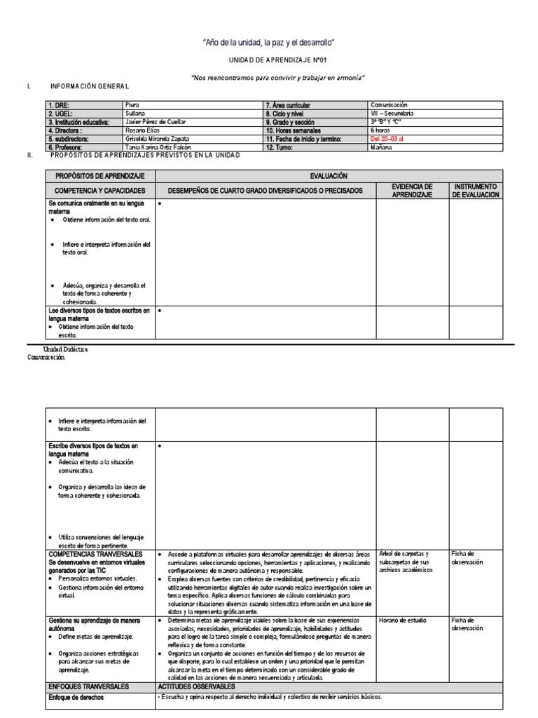 U. A #01 Comunicacion 3ero y 4to | PDF | Aprendizaje | Comprensión lectora