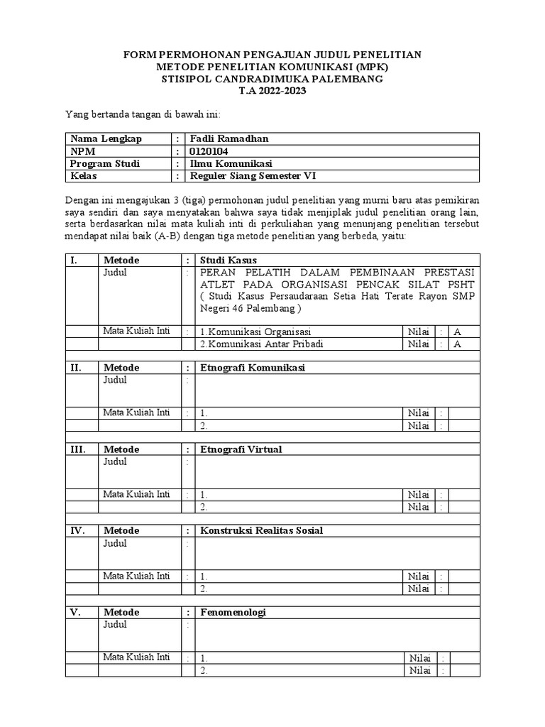 Form Pengajuan Judul Penelitian MPK 2023 | PDF