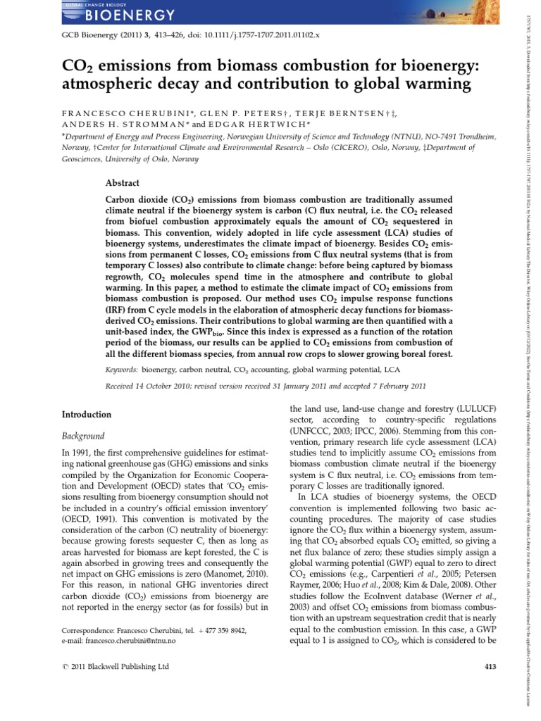 GCB Bioenergy - 2011 - CHERUBINI - CO2 Emissions From Biomass Combustion For Bioenergy ...