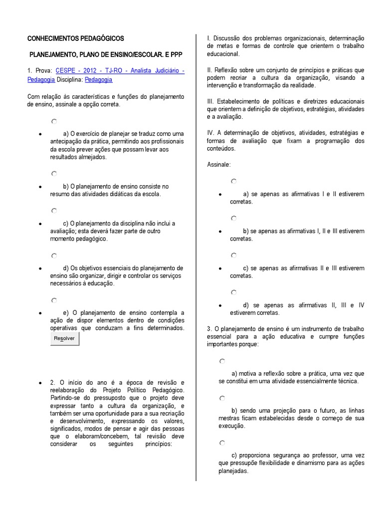AULA7 - Questões-PPP e Planejamento | PDF | Pedagogia | Aprendizado