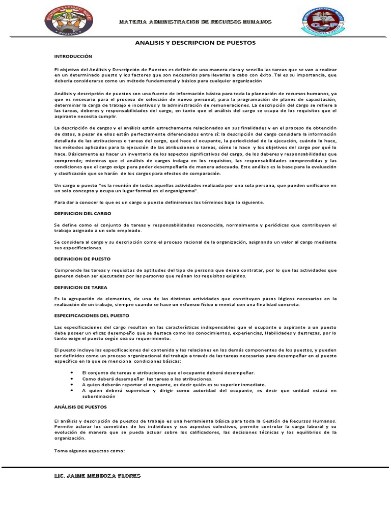 Analisis y Descripcion de Puestos | PDF | Gestión de recursos humanos | Business