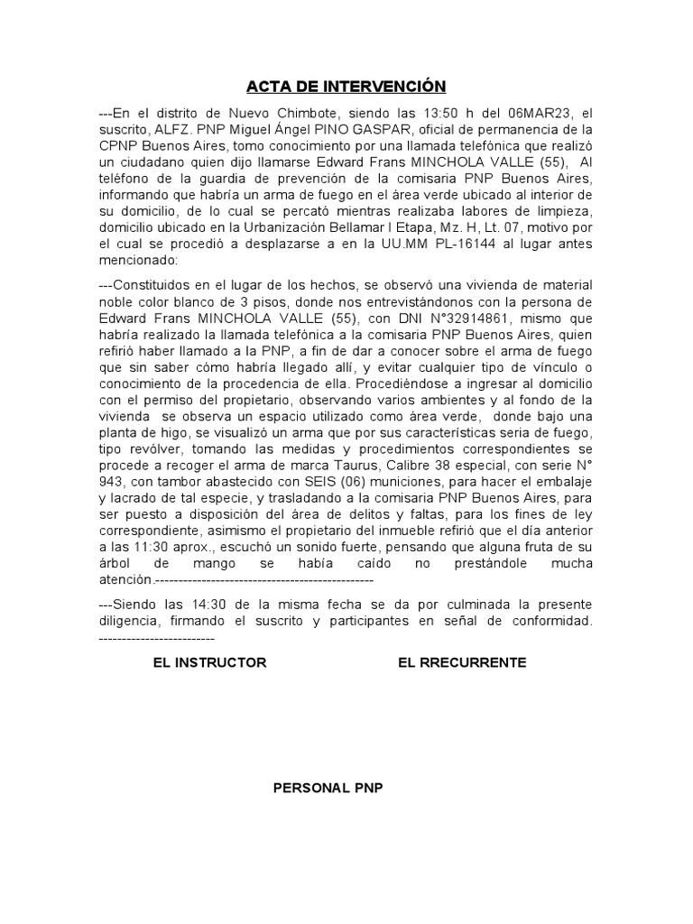 Acta de Intervención Arma de Fuego | PDF