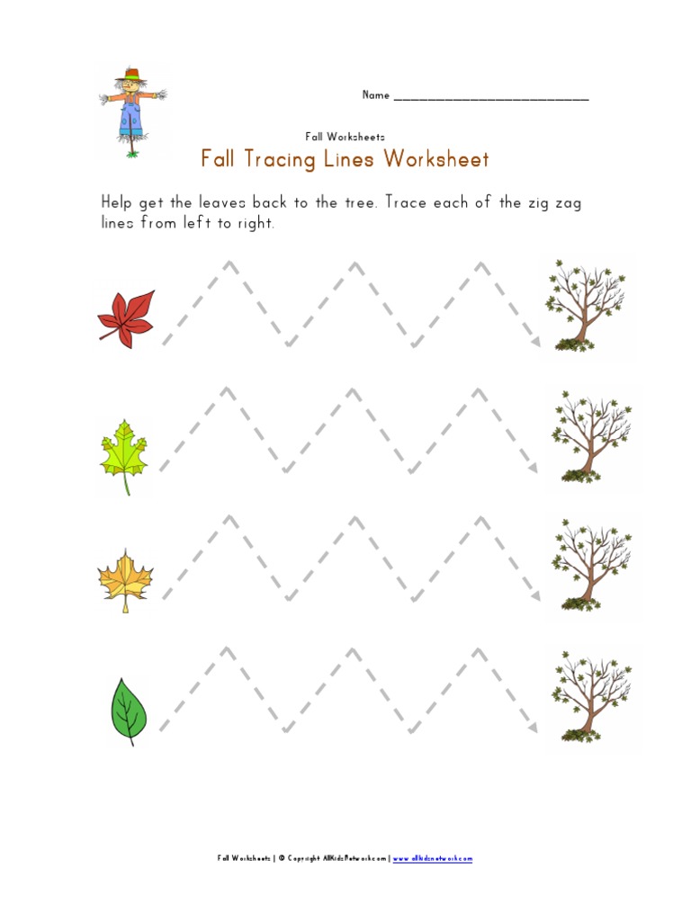 Fall Tracing Zig Zag Lines Worksheet | PDF