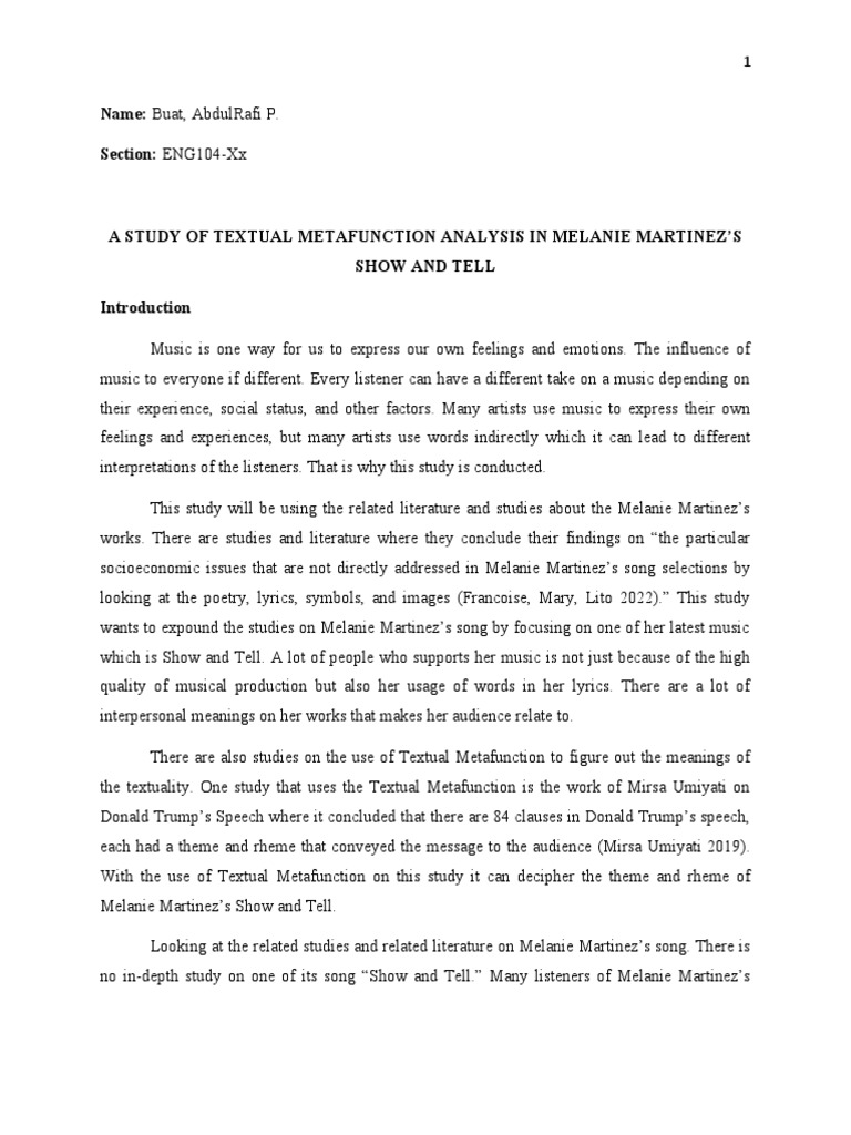 A Study of Textual Metafunction Analysis in Melanie Martinez - 1 | PDF | Linguistics | Clause