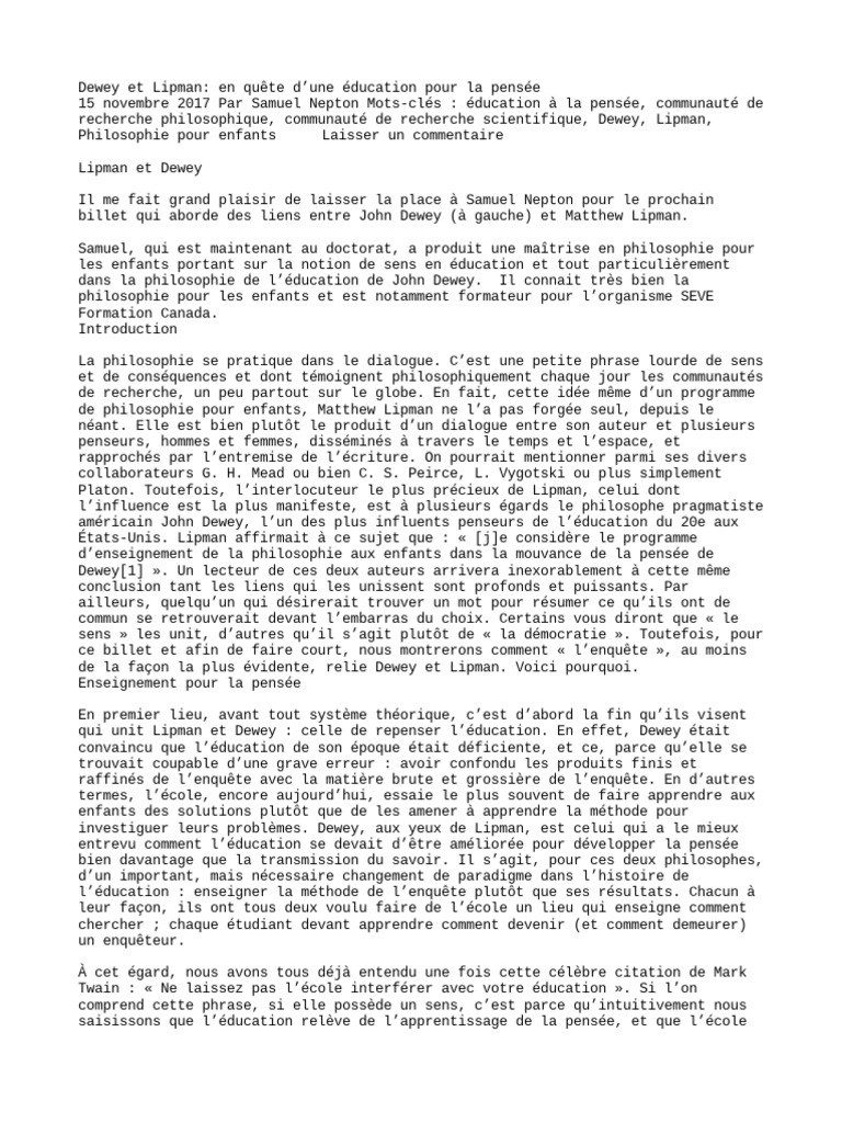 Dewey et Lipman : Éducation à la pensée | PDF | John Dewey | Science