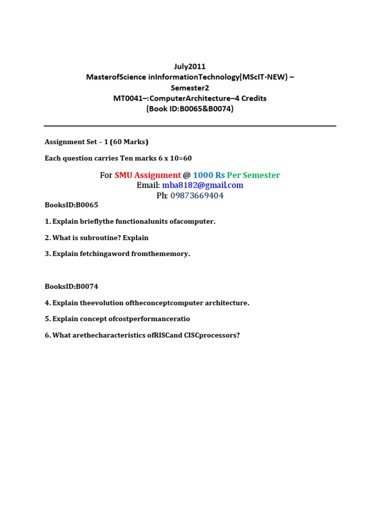 MScIT Computer Architecture Assignments | PDF