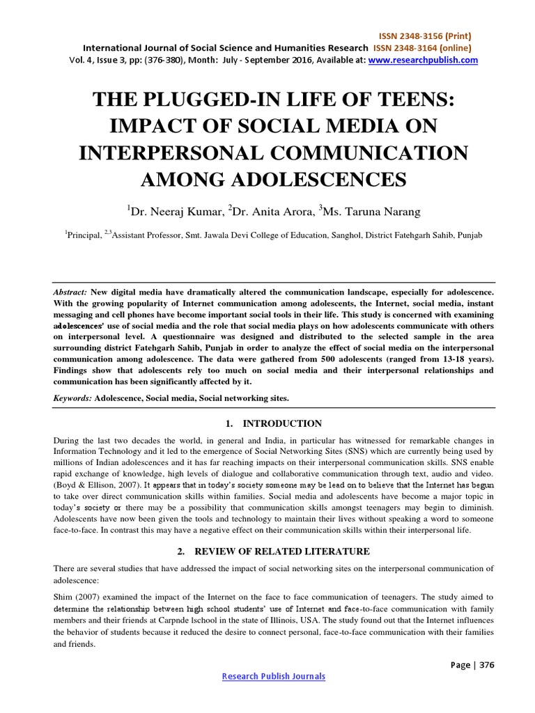 The Impact of Social Media on Interpersonal Communication Among Adolescents: Findings from a ...