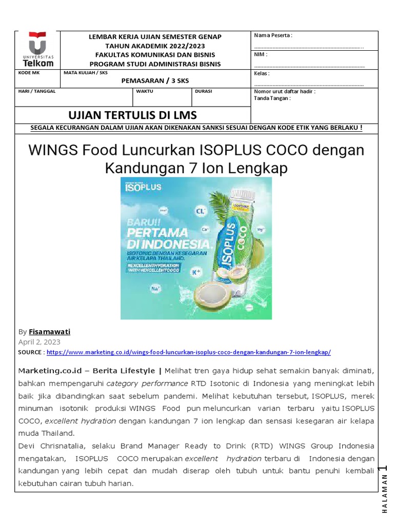 WINGS Food Luncurkan ISOPLUS COCO Dengan Kandungan 7 Ion Lengkap | PDF
