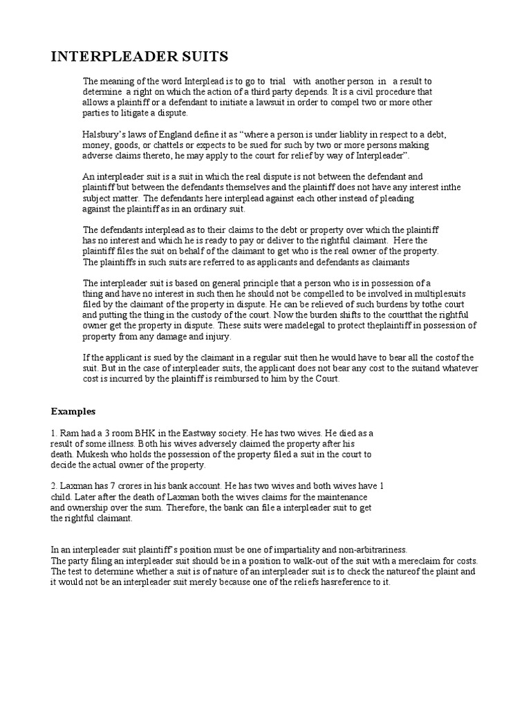 Interpleader Suits: Examples | Download Free PDF | Lawsuit | Leasehold ...