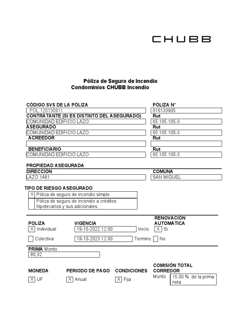 Póliza de Seguro de Incendio Condominios CHUBB Incendio | PDF | Seguro
