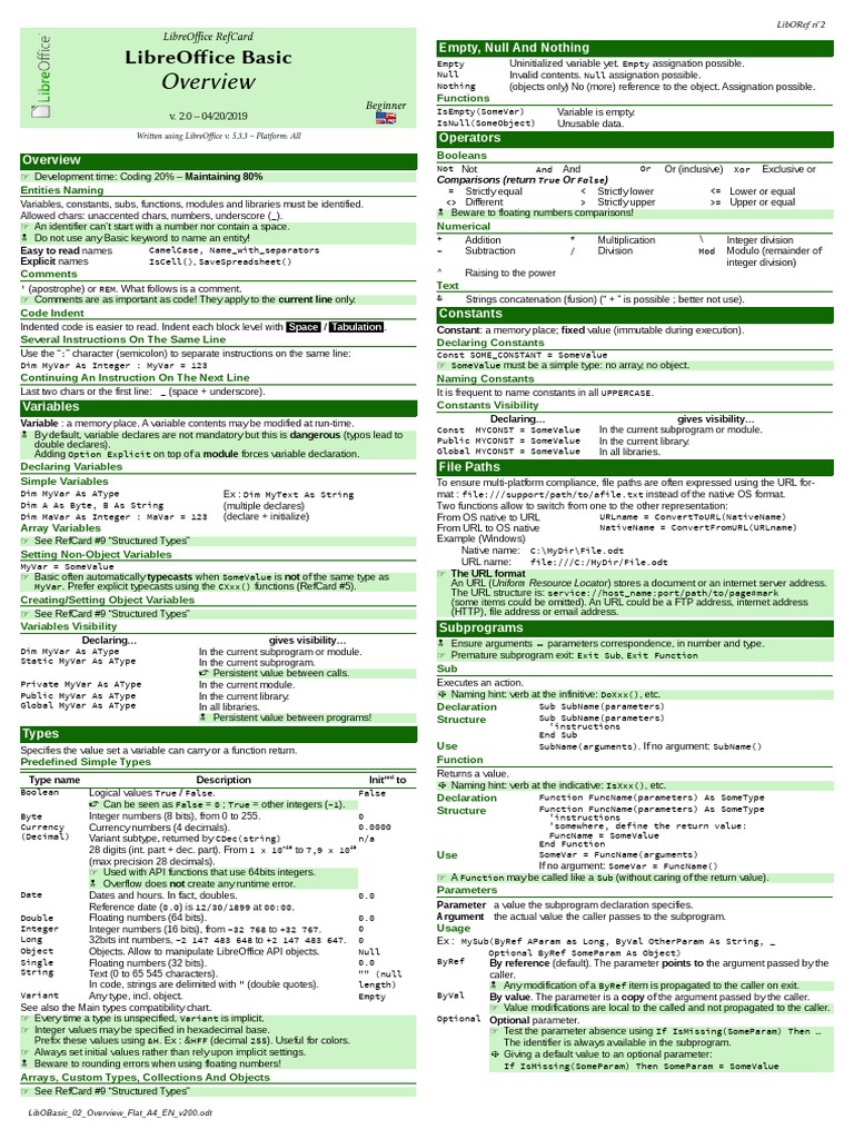 Libreofice Basic: Libreoffe Refcard | PDF | Parameter (Computer Programming) | Variable ...
