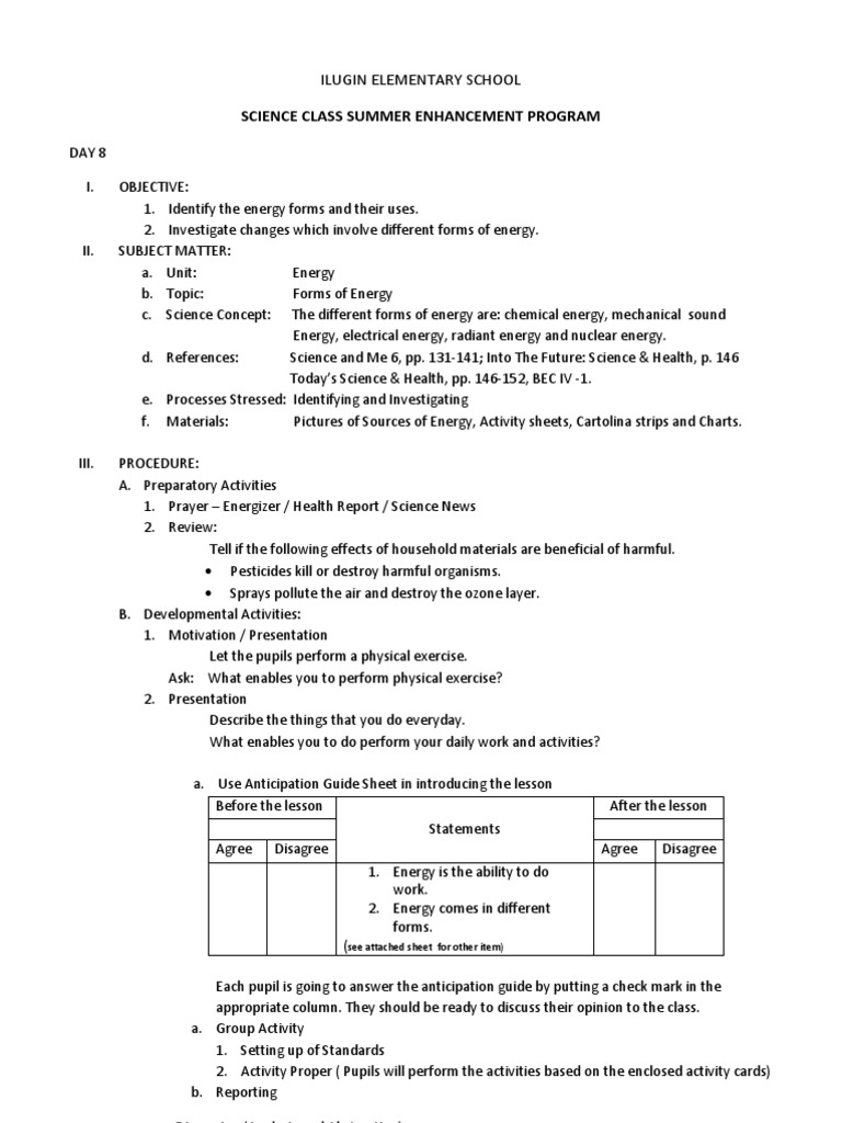 Lesson Plan In Science 6 Forms Of Energy And Their Uses Forms Of