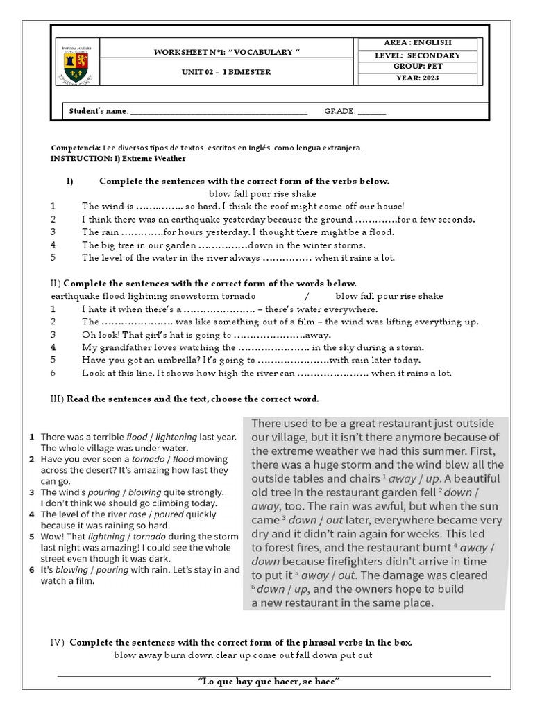 Extreme Weather Vocabulary Worksheet | PDF | Linguistics