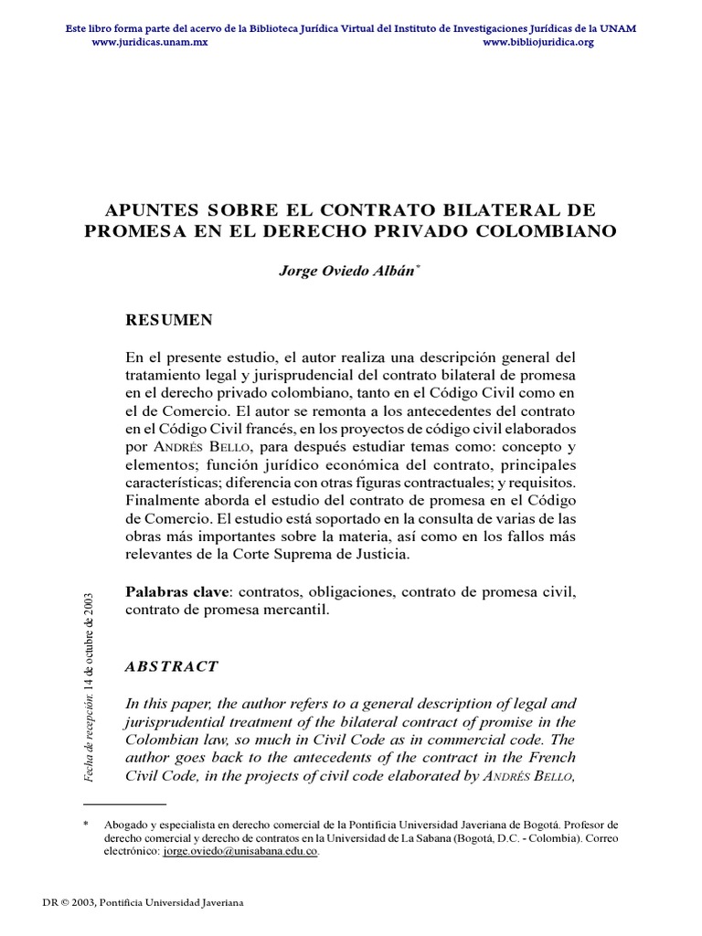 Apuntes Sobre El Contrato Bilateral de Promesa en El Derecho Privado ...