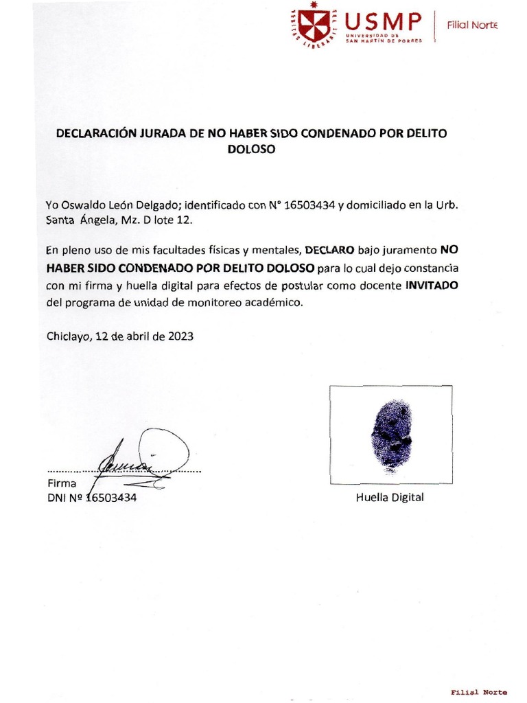 9 Declaración Jurada de No Haber Sido Condenado Por Delito Doloso | PDF