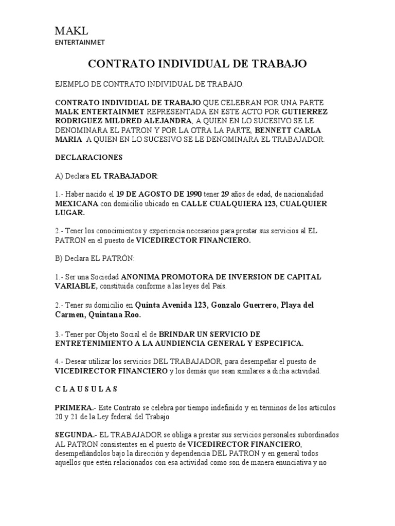 Contrato Individual de Trabajo 1 | PDF