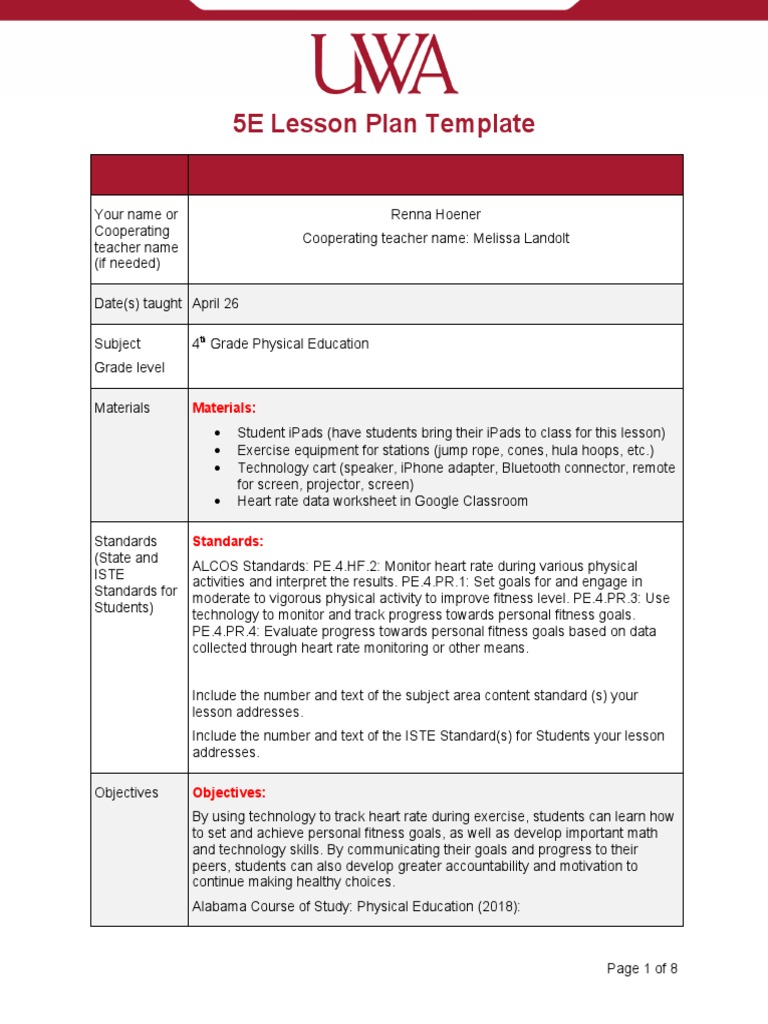 Ed508 5e Lesson Plan | PDF | Physical Education | Heart Rate