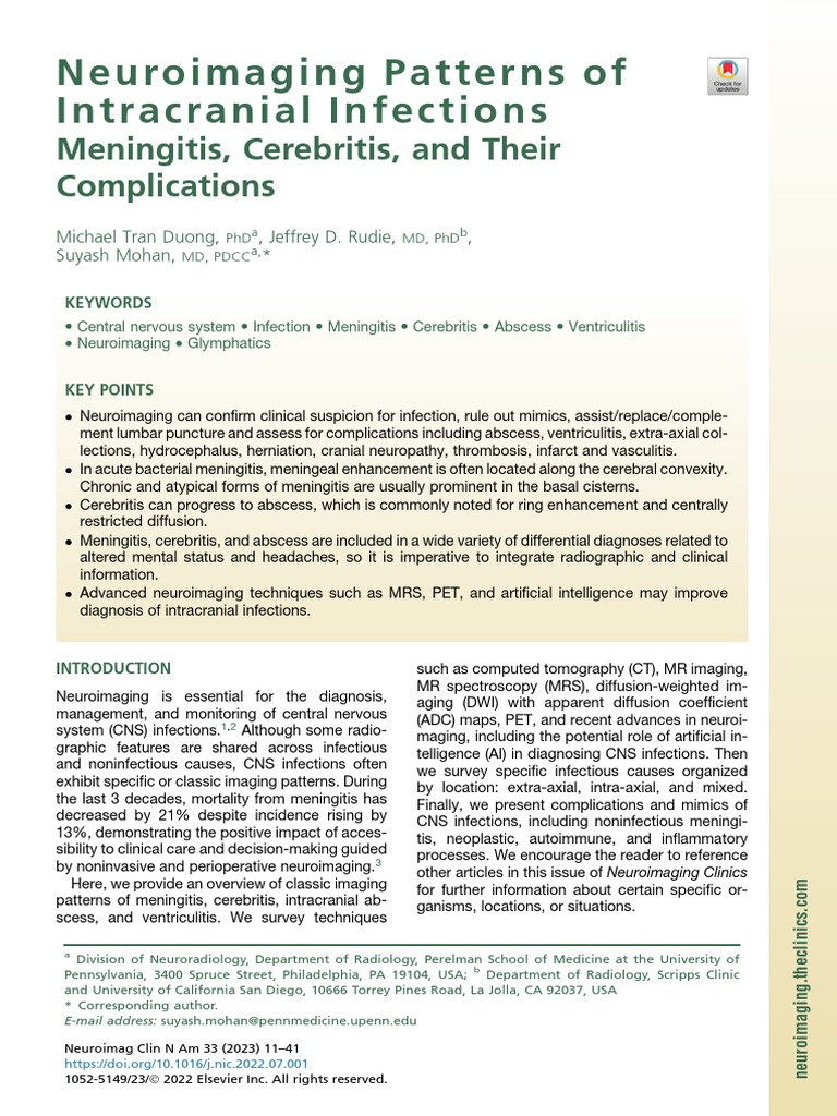 Neuroimaging Patterns of Intracranial Infections Meningitis, Cerebritis ...