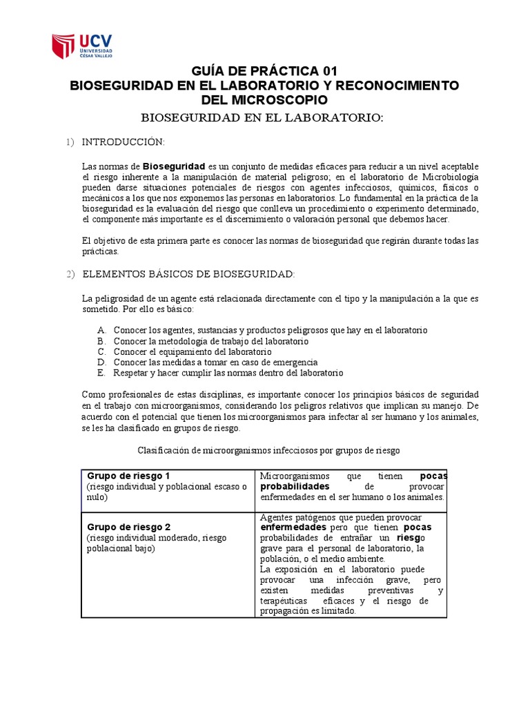 Guía de Práctica 01 - Bioseguridad y Micros | PDF | Laboratorios | Microscopio