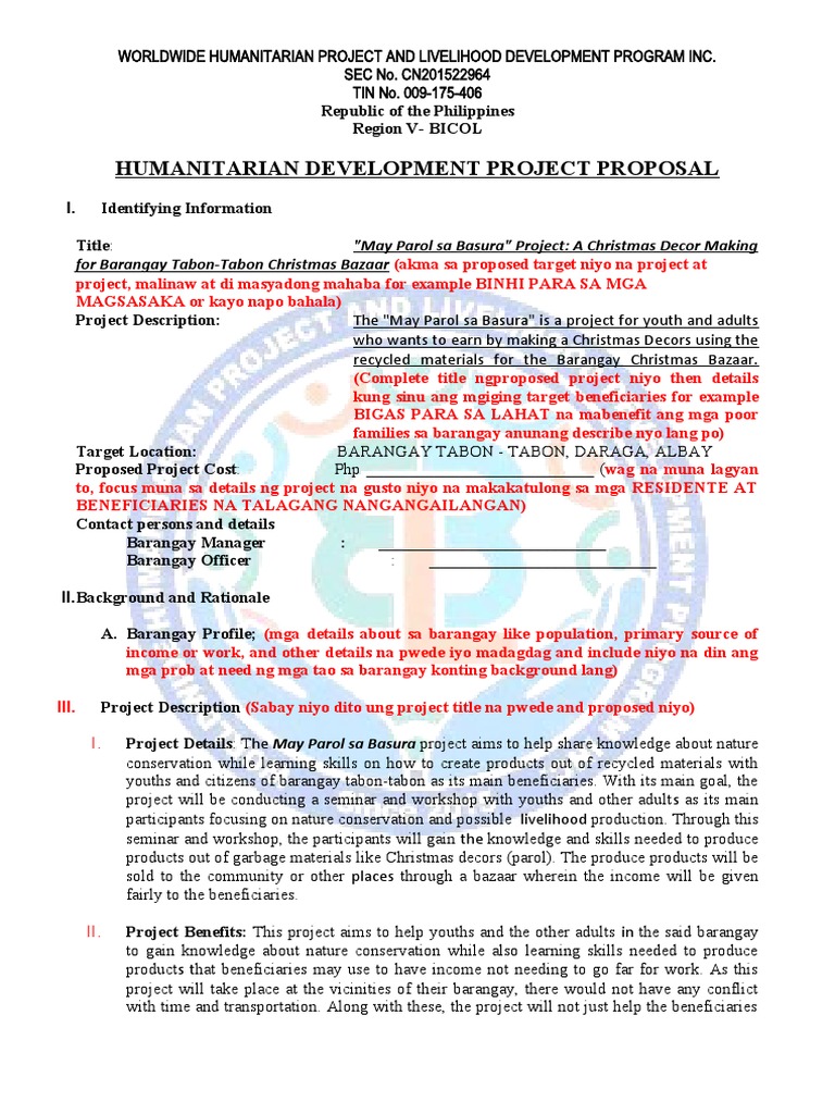 Humanitarian Development Project Proposal: For Barangay Tabon-Tabon ...