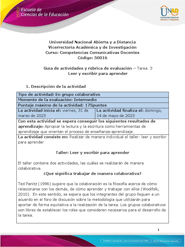 Guía de Actividades y Rúbrica de Evaluación - Unidad 2 - Tarea 3 - Leer y Escribir para Aprender ...