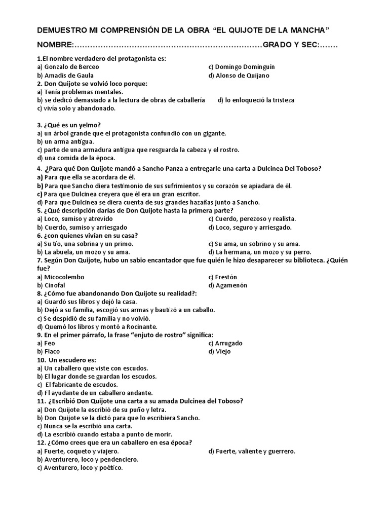 DEMUESTRO MI COMPRENSIÓN DE LA OBRA elEL QUIJOTE | PDF | Don Quijote ...