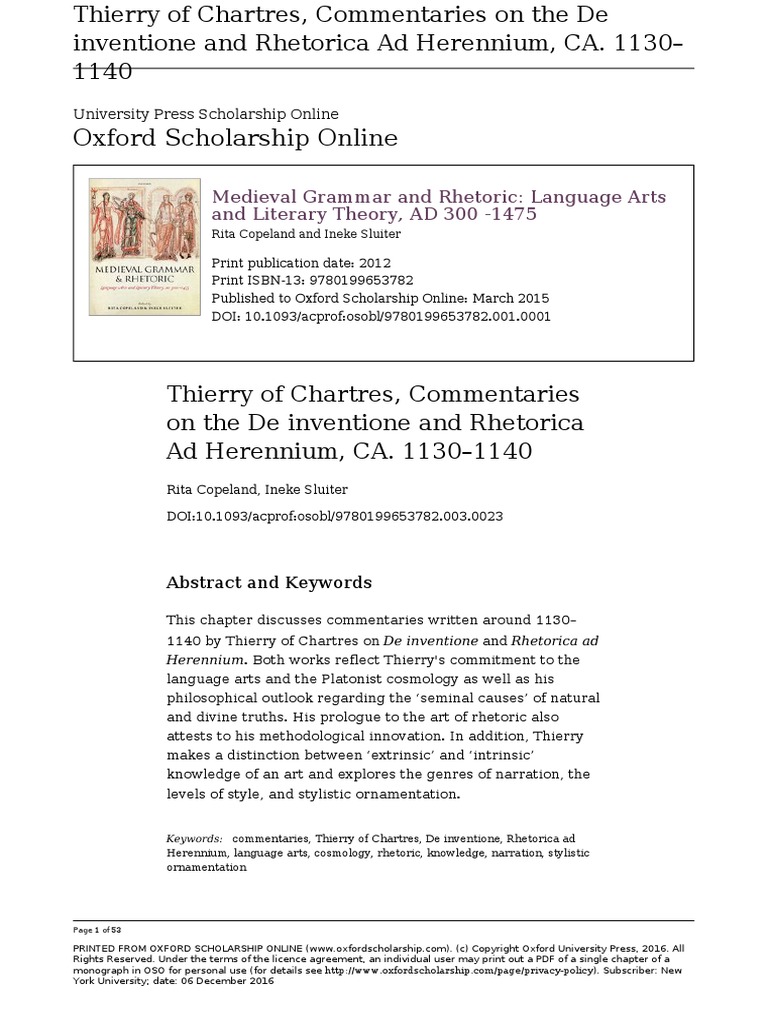 Thierry of Chartres, Commentaries On The de Inventione and Rhetorica Ad ...