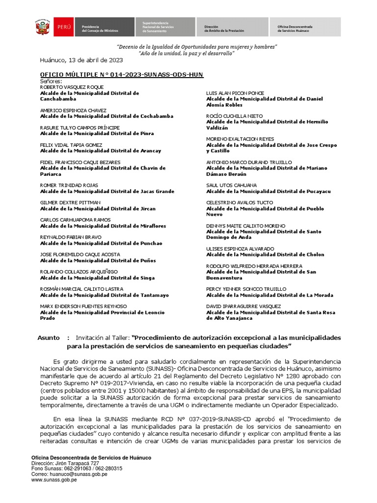 Oficio Múltiple #014-2023-Sunass-Ods-Hun: Señores | PDF