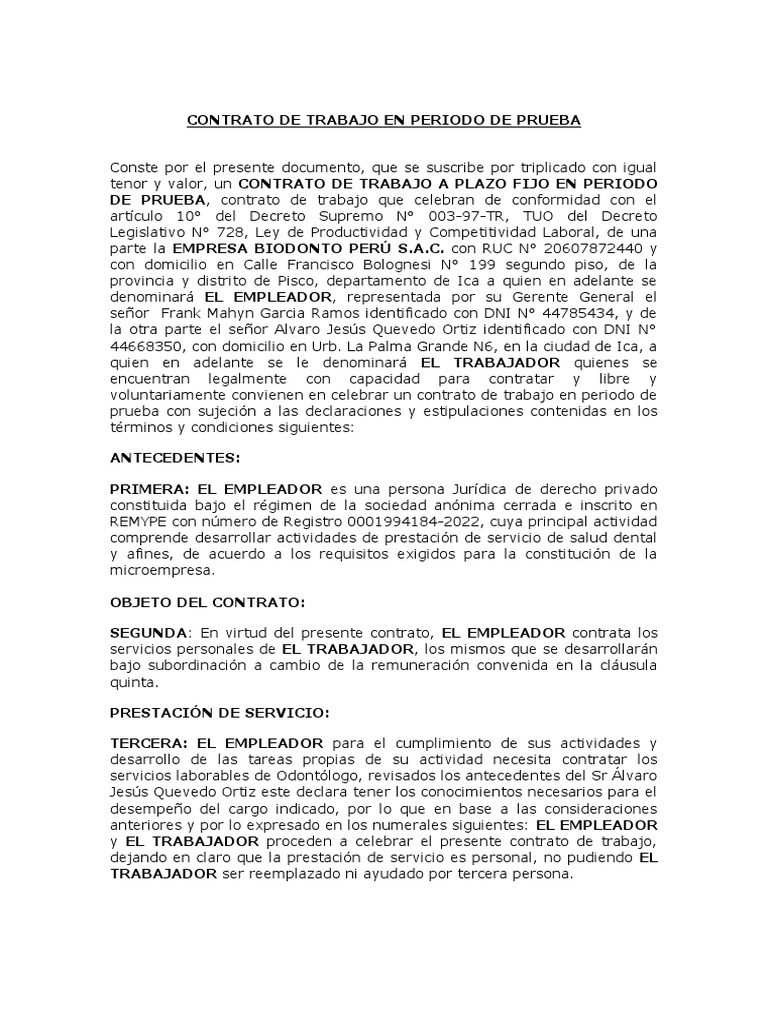 Contrato de Prueba Microempresa | Descargar gratis PDF | Derecho laboral | Salario