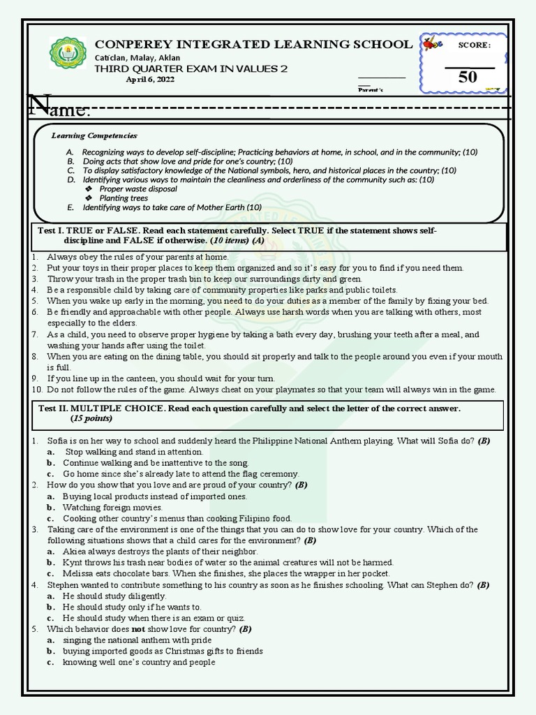 Third Quarter in Values 2 | PDF | Philippines