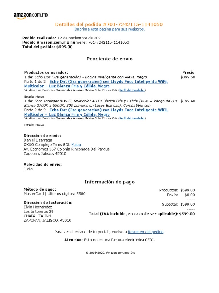Detalles Del Pedido #701-7242115-1141050: Pendiente de Envío | PDF ...