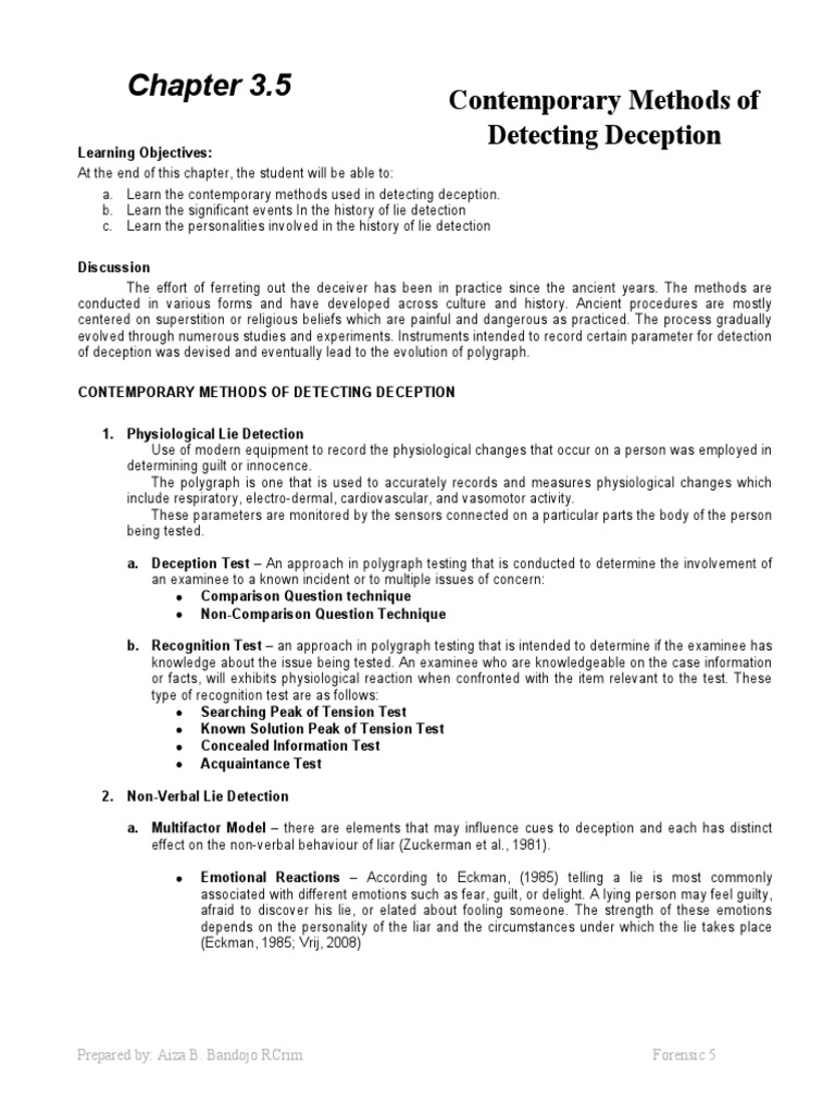 Chapter 3 Contemporary Methods of Detecting Deceptions | PDF | Polygraph | Nonverbal Communication