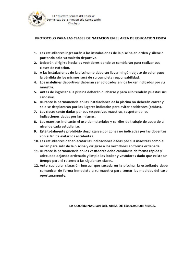 Protocolo Clases Natación Educación Física | PDF | Viajes y turismo