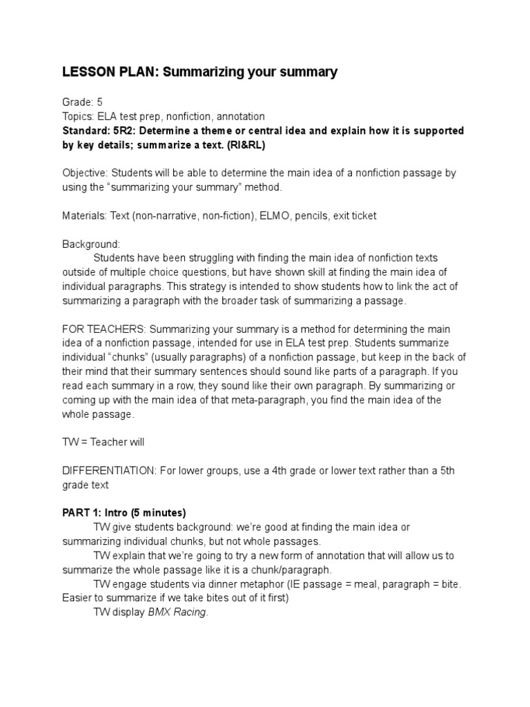 Lesson Plan Summarizing Your Summary | PDF | Lesson Plan | Cognition