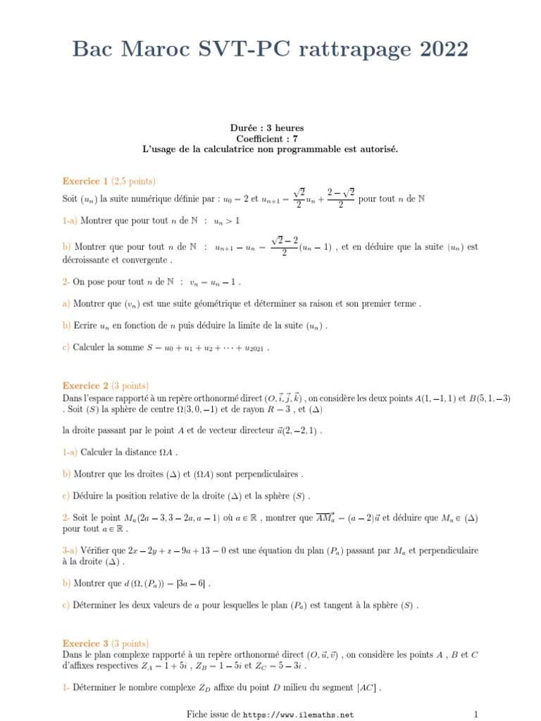 Bac Math Maroc 2022 : Rattrapage SVT-PC | PDF | Courbe | Probabilité
