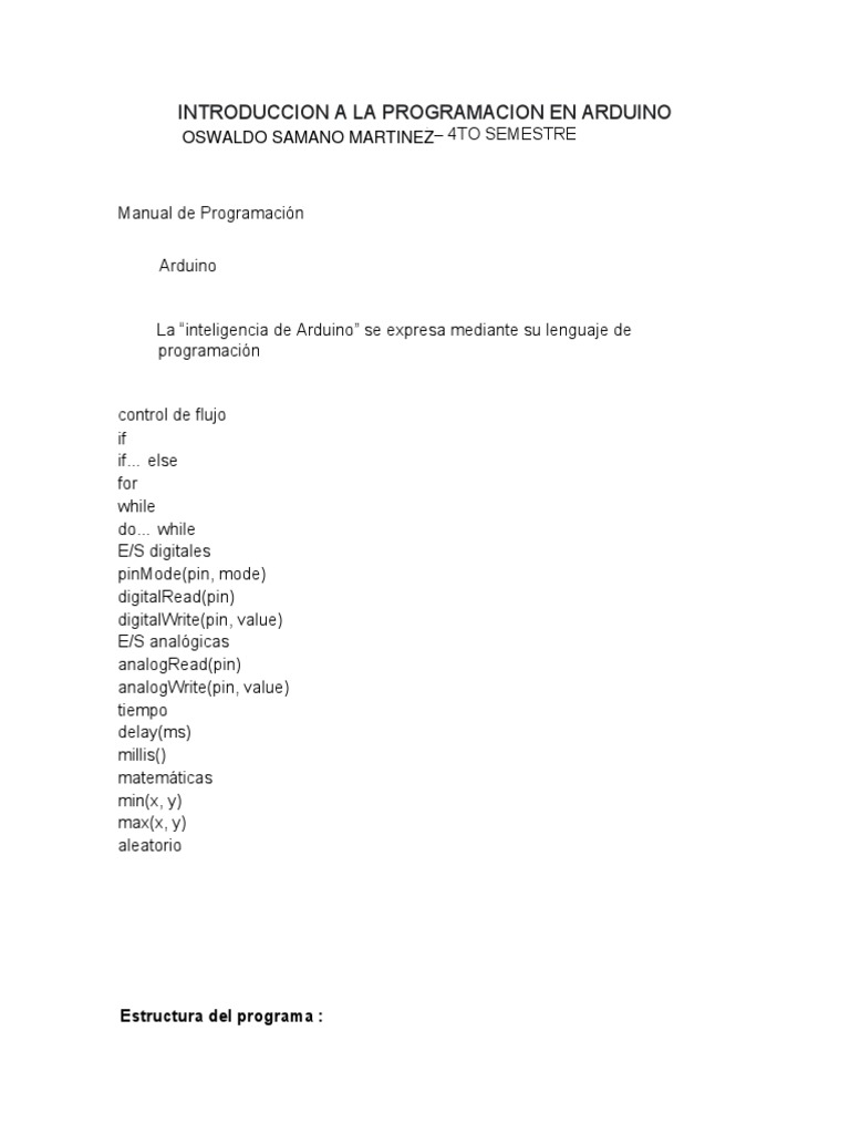 Introduccion A La Programacion en Arduino: Oswaldo Samano Martinez | PDF | Función (Matemáticas ...