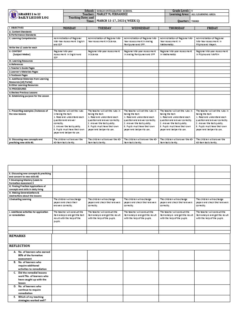 GRADES 1 To 12 Daily Lesson Log MARCH 13-17, 2023 (WEEK 5) Monday ...