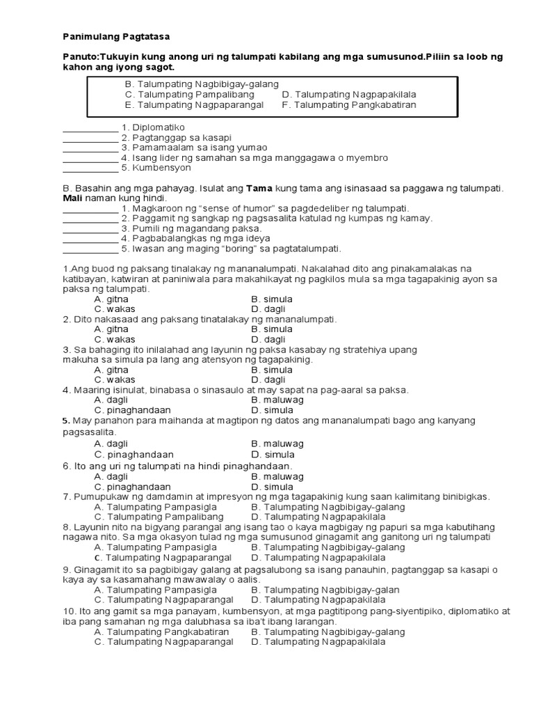 Panimulang Pagtatasa Panuto:Tukuyin Kung Anong Uri NG Talumpati Kabilang Ang Mga Sumusunod ...