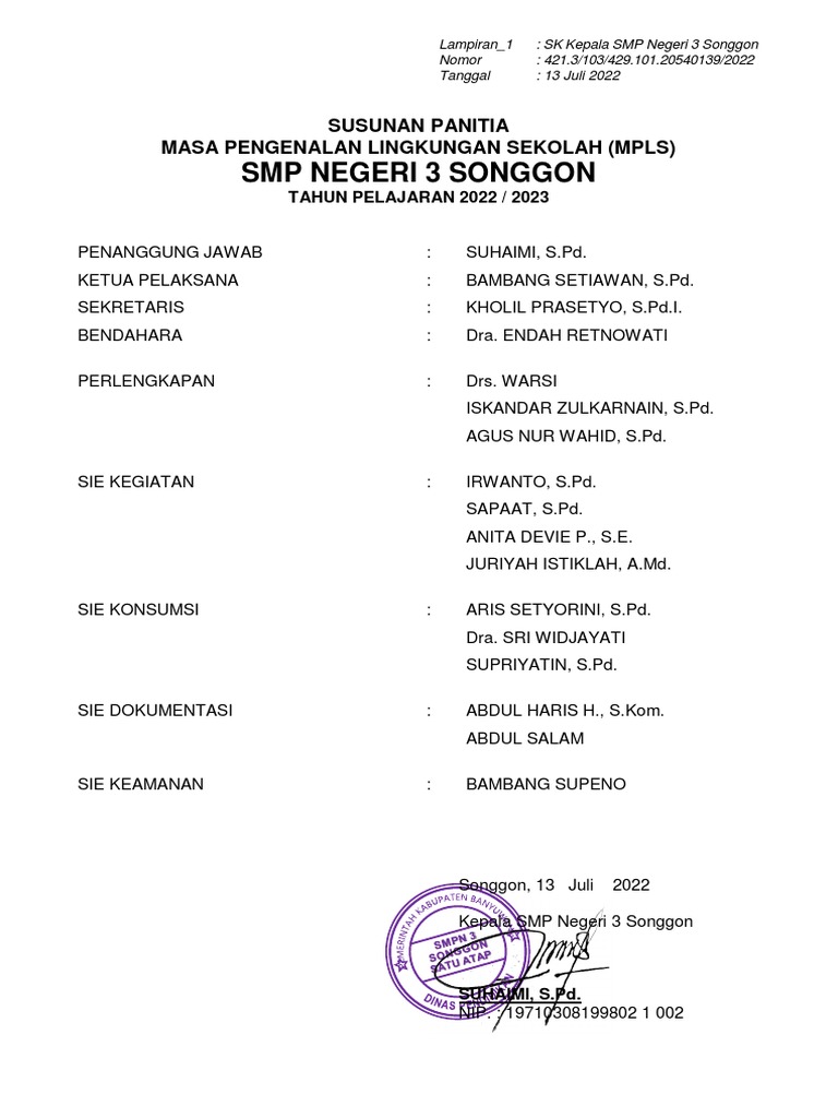 Struktur Panitia MPLS SMPN 3 Songgon | PDF