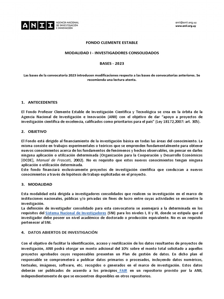 Convocatoria Fondo Clemente Estable 2023 | PDF | Presupuesto | Evaluación