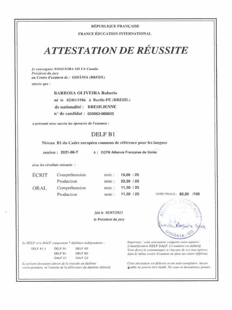 Attestation de Réussite DELF B1 Juin 2021 - Roberio | PDF