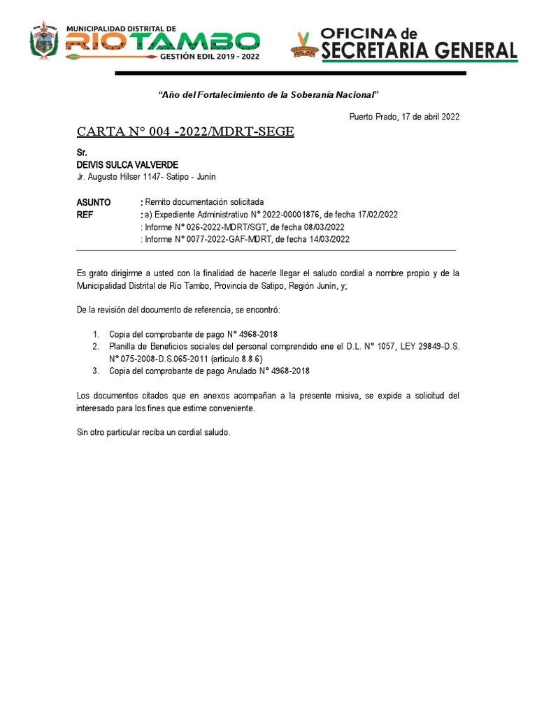 Carta #004-2022-Acceso A La Informacion Deivis Sulca Valverde | PDF