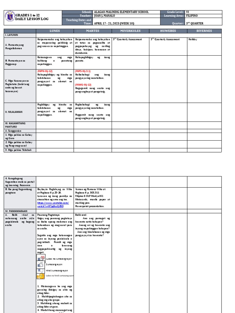 DLL - Filipino 6 - Q3 - W10 | PDF