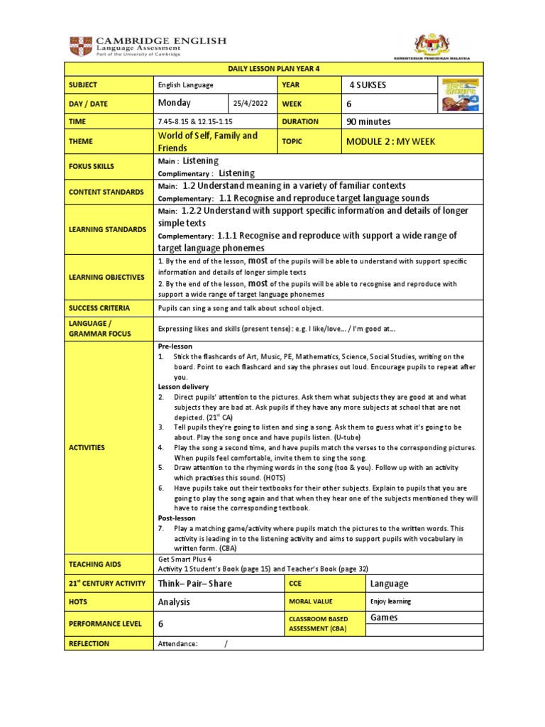 Daily Lesson Plan Year 4 Subject | PDF | Lesson Plan | Teachers