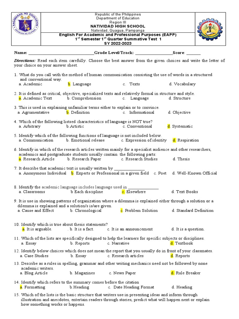 Eapp Summative Test | PDF | Essays | Definition