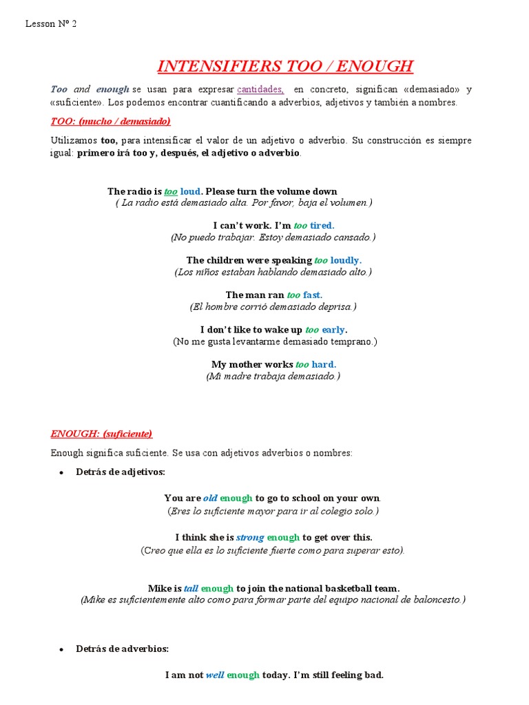 Intensifiers Too / Enough | PDF | Música grabada