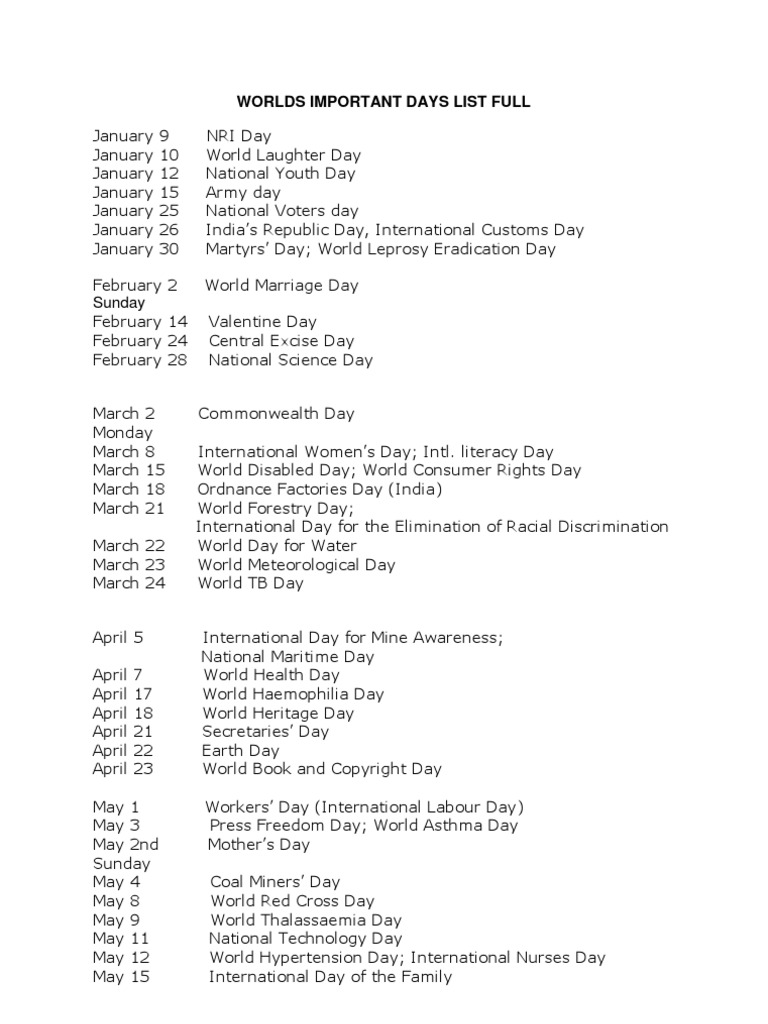 Global Important Days Calendar | PDF | Wellness | Medical